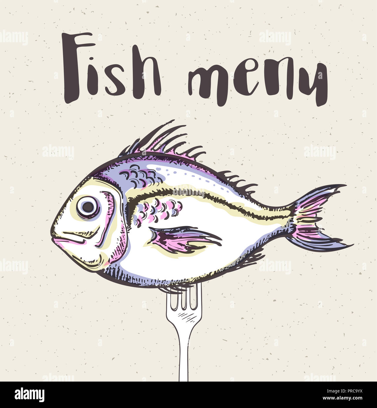 Vintage menu with fish and fork. Hand drawn illustration Stock Photo ...