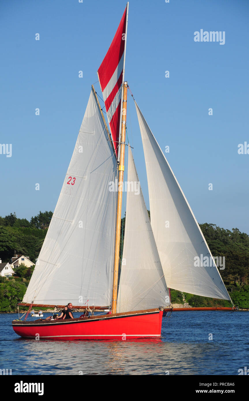 Traditional Falmouth working boat under sail in the Fal estuary Stock ...