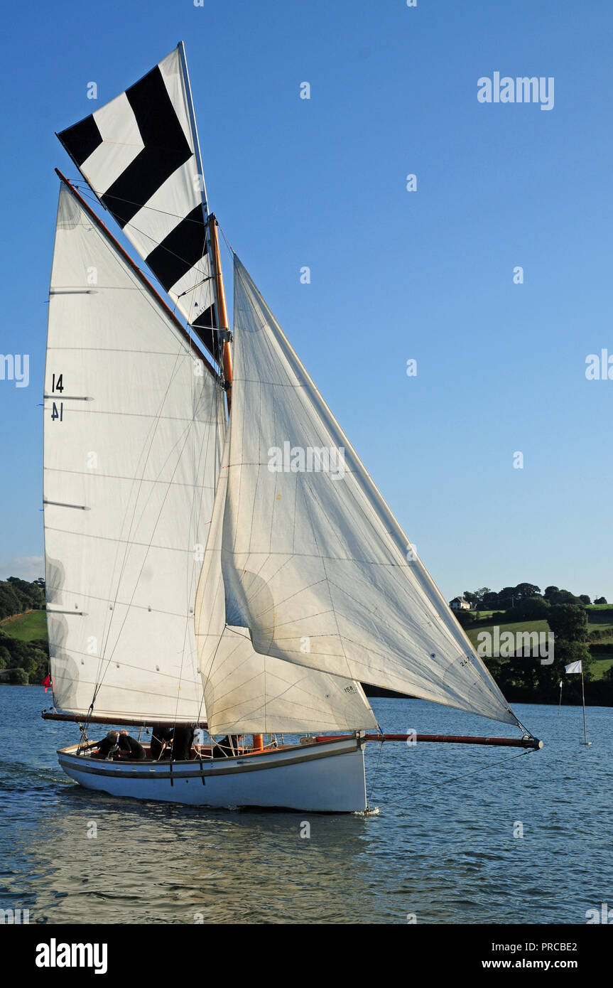 Traditional Falmouth working boat under sail in the Fal estuary Stock ...