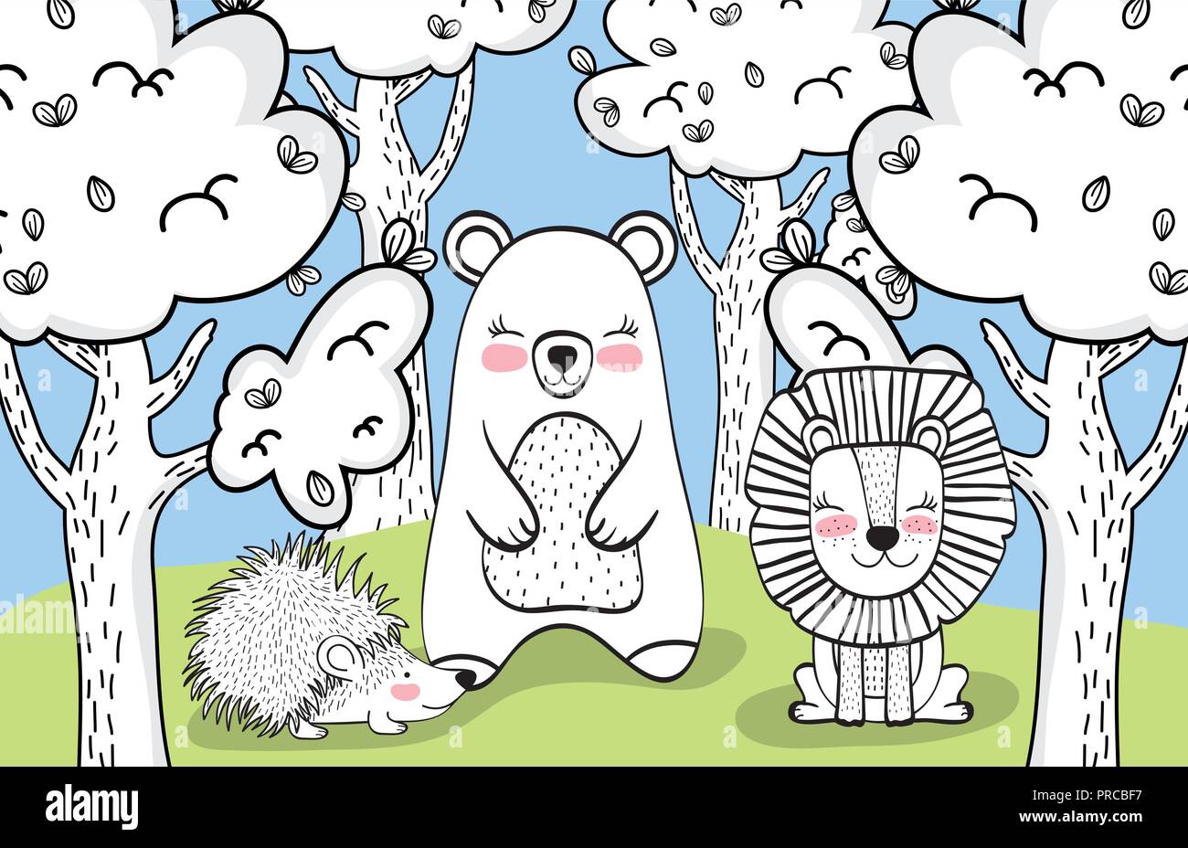 happy wild animals friends with trees Stock Vector Image & Art - Alamy