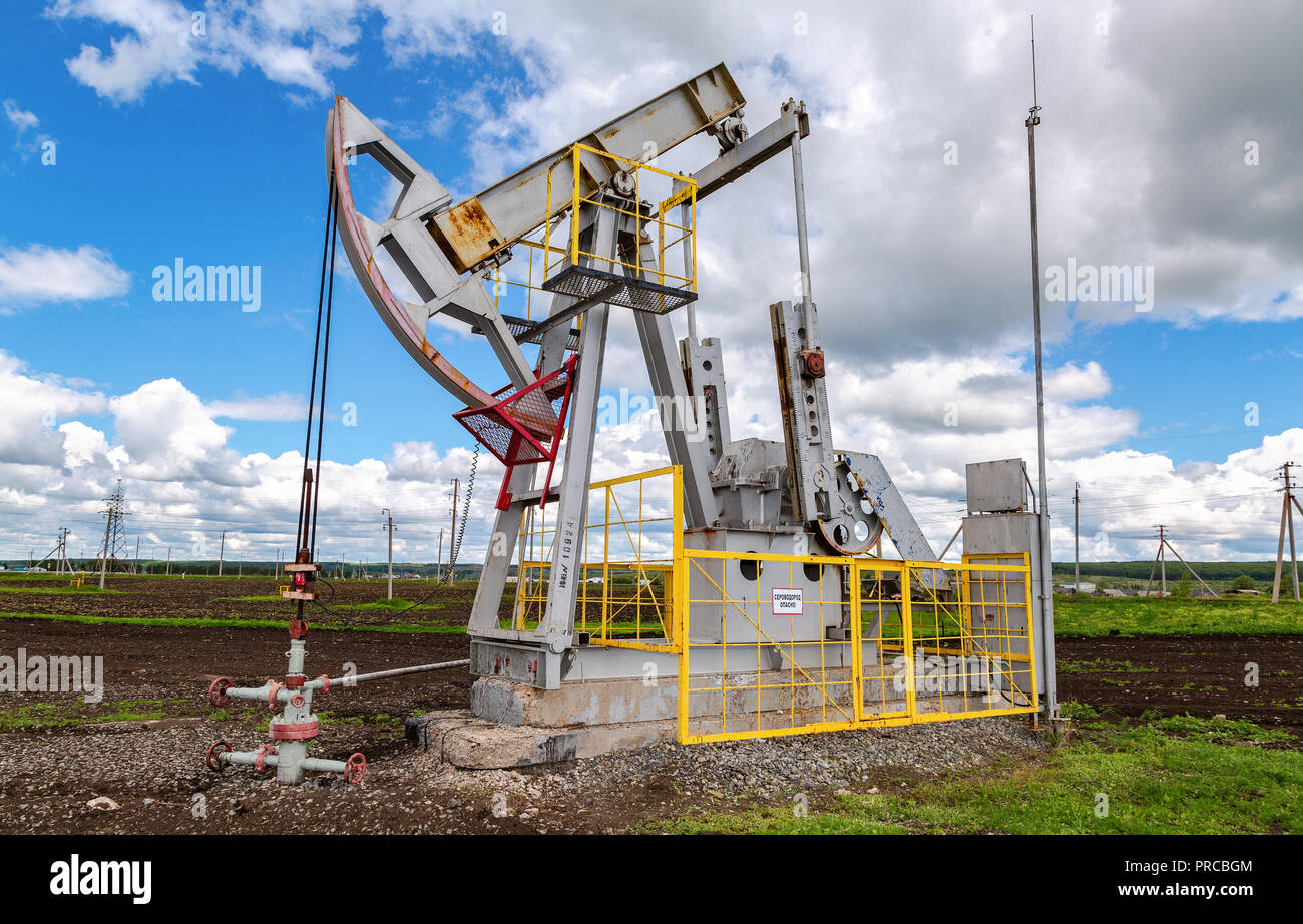Tatarstan, Russia - June 10, 2018: Working pump jack fracking crude ...