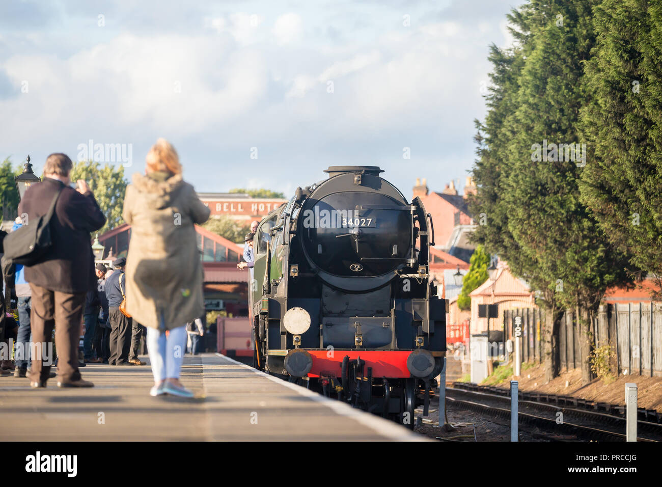 Front view of vintage UK steam locomotive 34027 Taw Valley awaiting ...