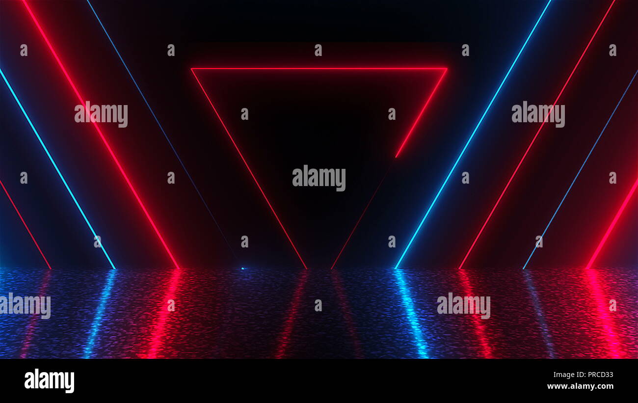 Abstract triangles neon tunnel with reflection, computer generated ...
