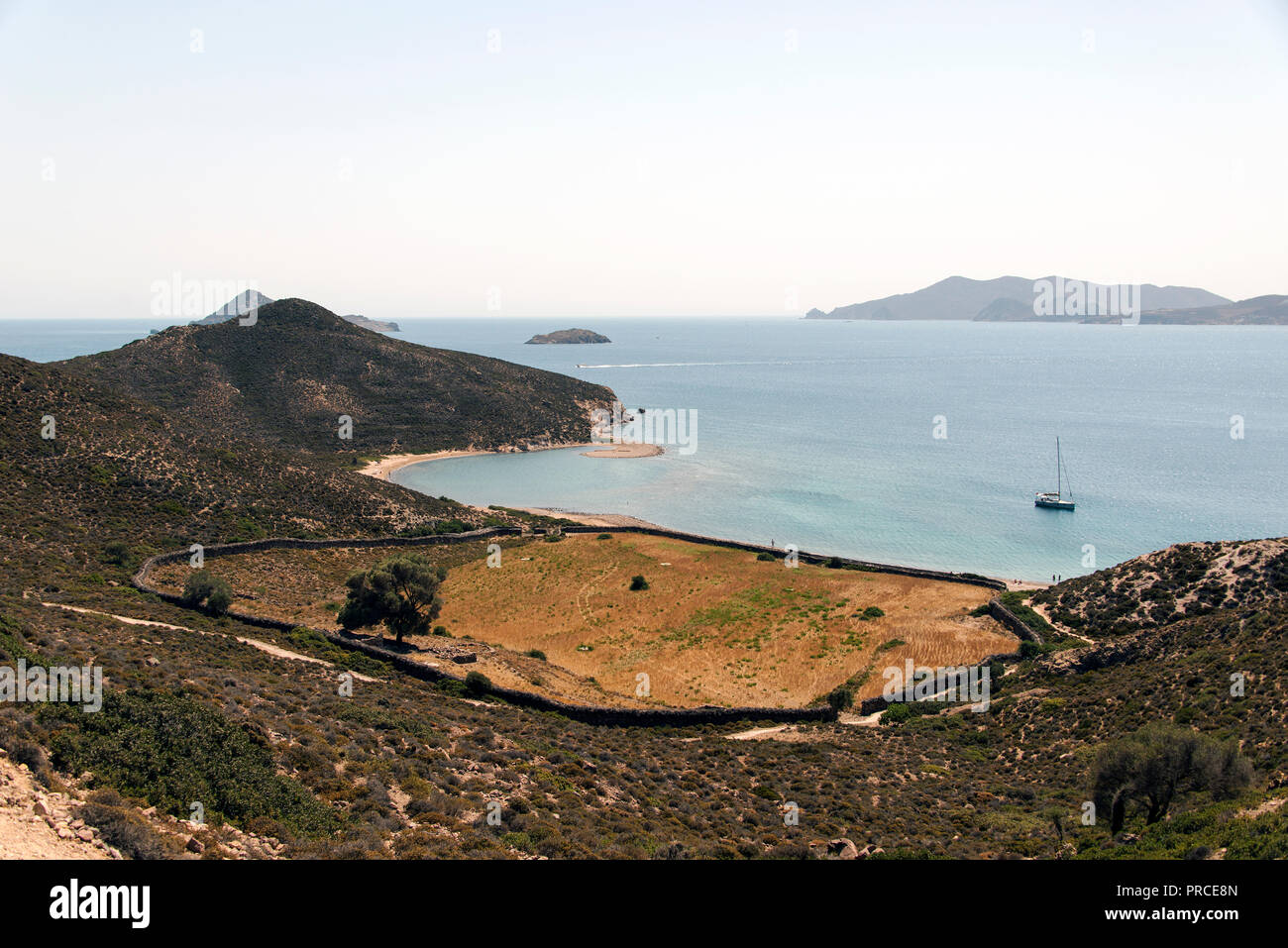 Aerial view of a coast, beach and bay in the island of Patmos, Greece ...