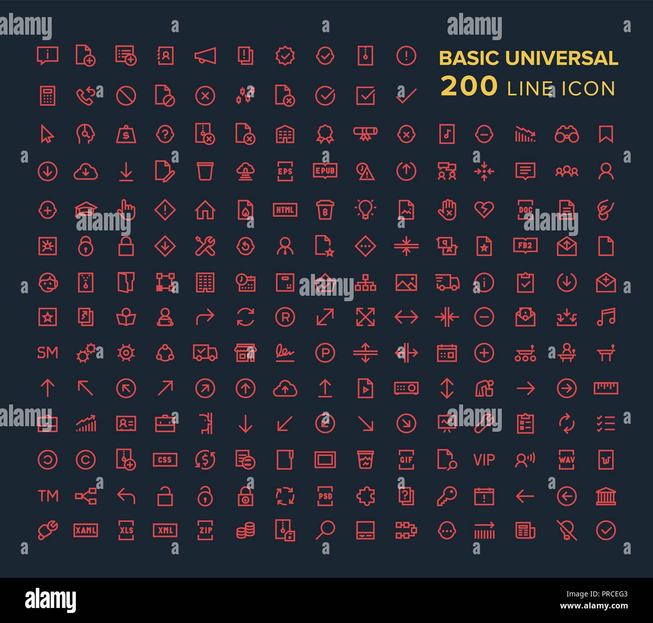 Basic Universal Line icon set in red on black background Stock Vector ...