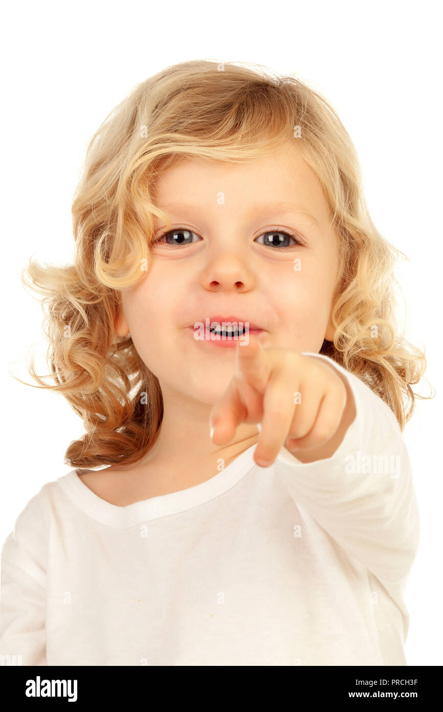 Cute kid pointing with his finger isolated on white background Stock ...