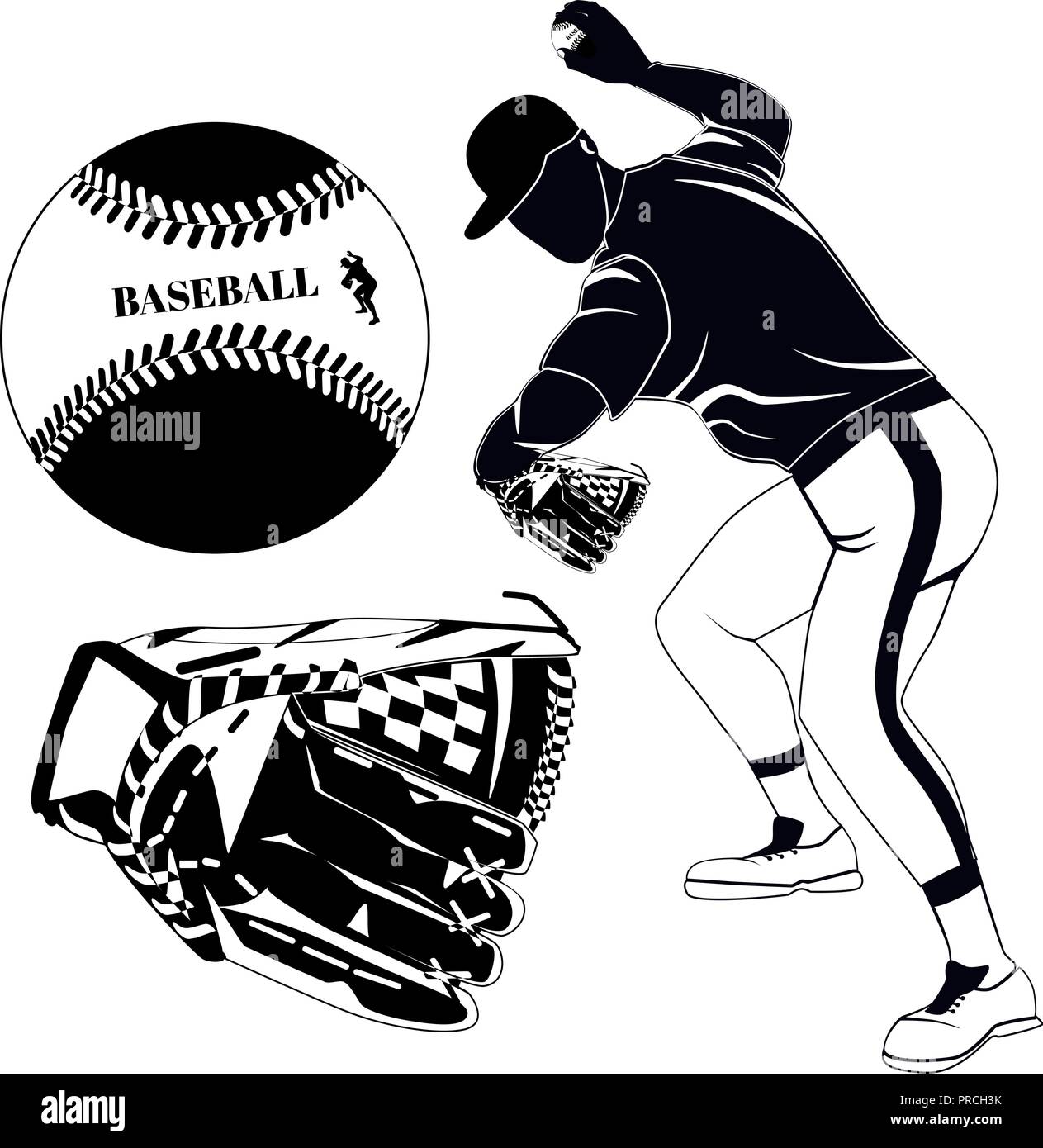 Black baseball pitcher, glove and ball vector illustration Stock Vector ...
