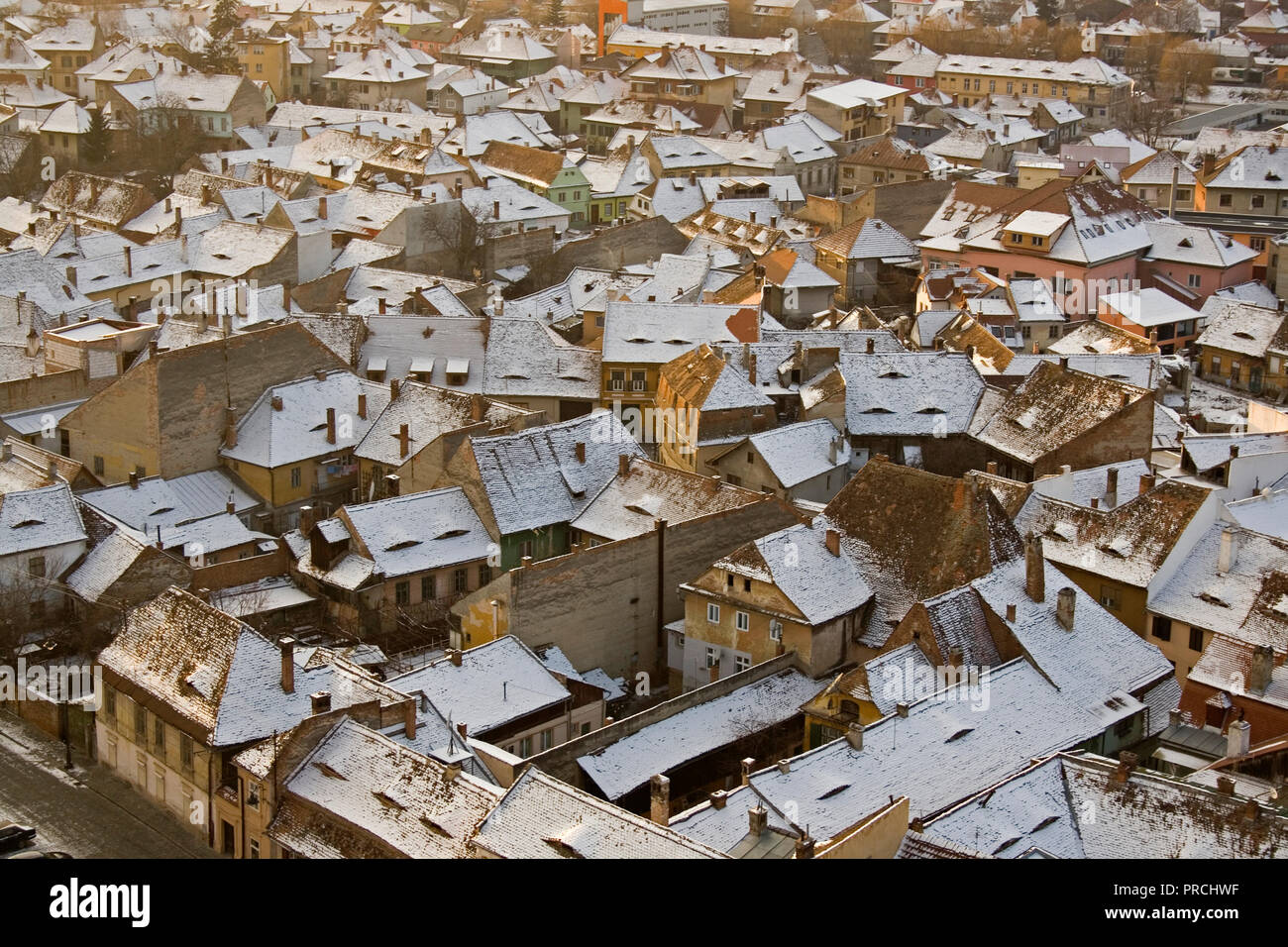 View of the historical center of city Sibiu, in sunset in the winter ...