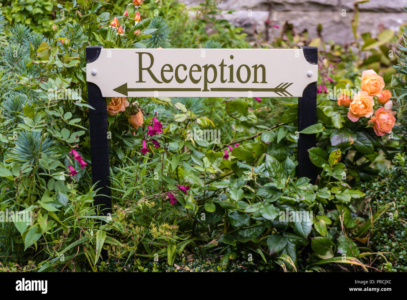 Sign in the garden of a hotel giving directions to the Reception area ...
