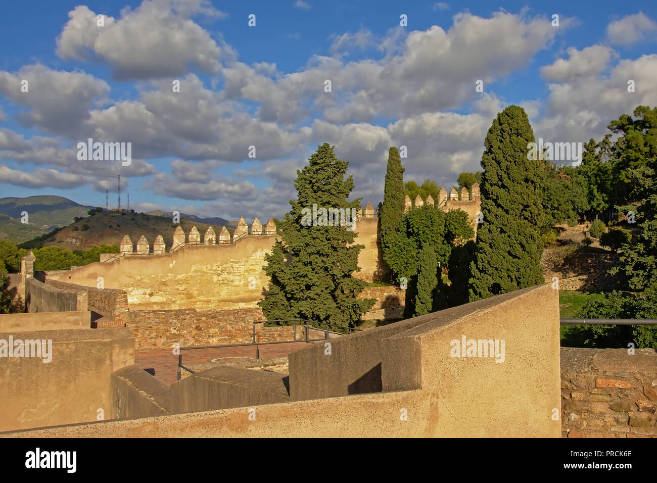 Fortified wall with crenelations of Gibralfaro moorish medieval castle ...