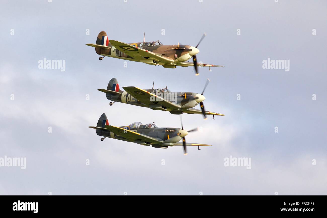 Tree Supermarine Spitfires flying in formation at the Battle of Britain ...