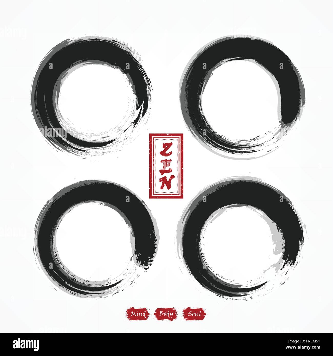 Enso zen circle compilation set . Sumi e design . Black and gray overlap color . Red stamp with ...