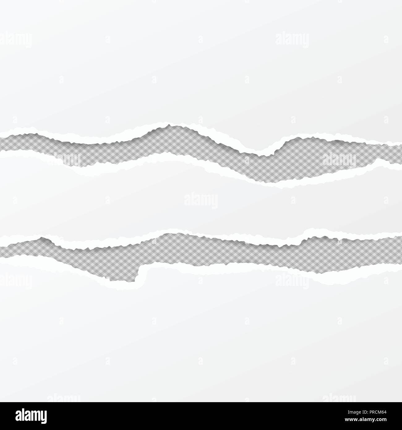 White horizontal ripped paper strips, torn note paper for text or ...