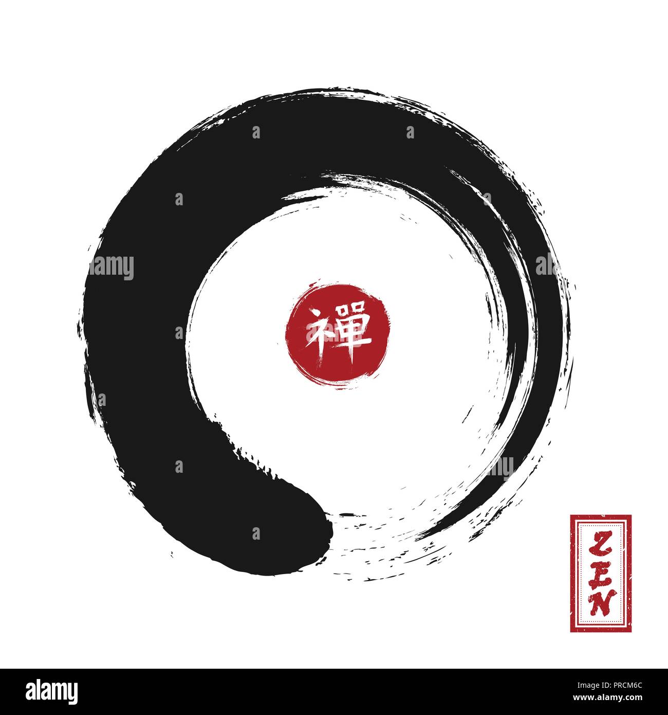 Enso zen circle style . Sumi e design . Black color . Red circular ...