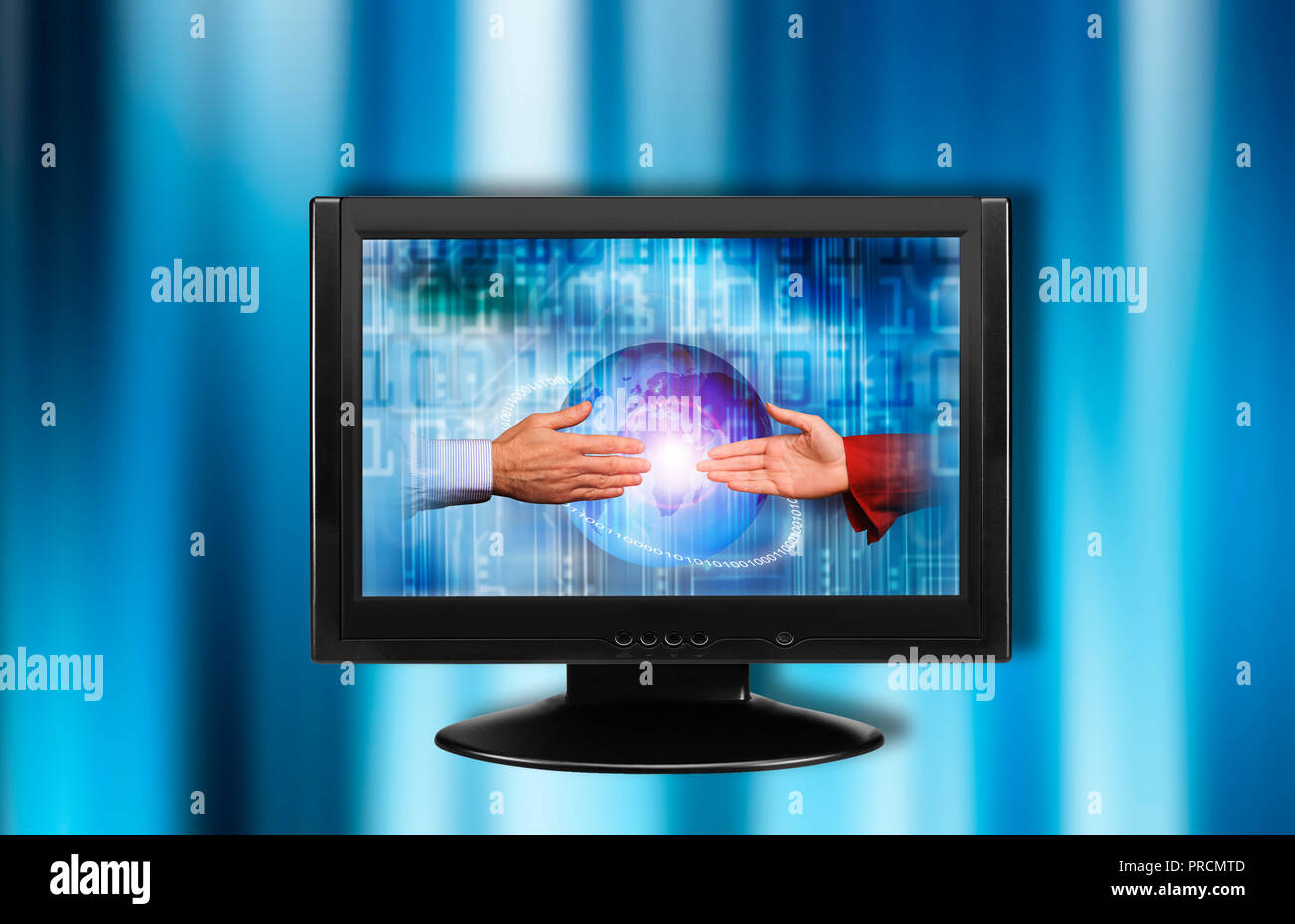 male and female hands shaking on a computer screen, social networking ...