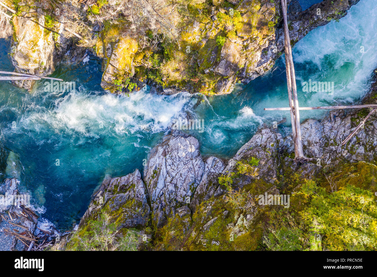 Aerial view of a river and waterfall at Little Qualicum Falls, C Stock ...