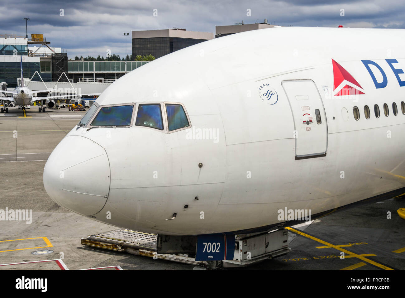 SEATTLE TACOMA AIRPORT, WA, USA - JUNE 2018: Close up view of the front ...