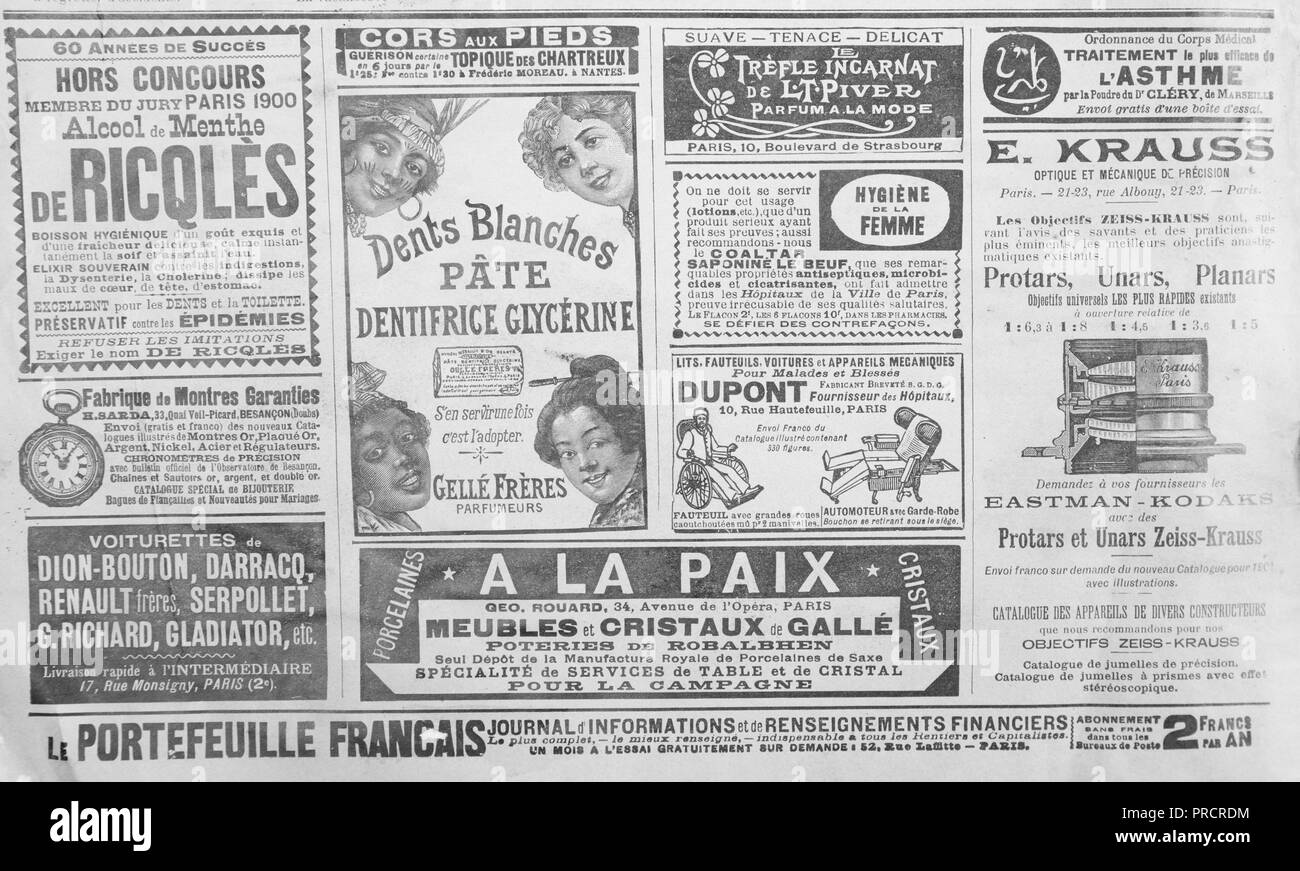 Old French publicity from the late 19th century from a newspaper Stock ...