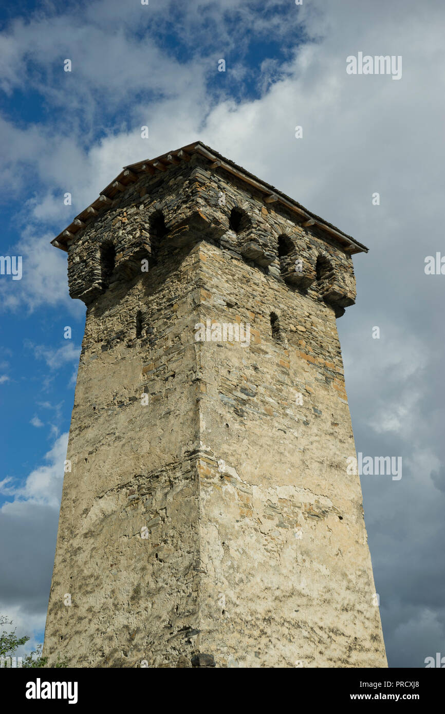 Traditional fortified tower homes in the town of Mestia in the Svaneti ...