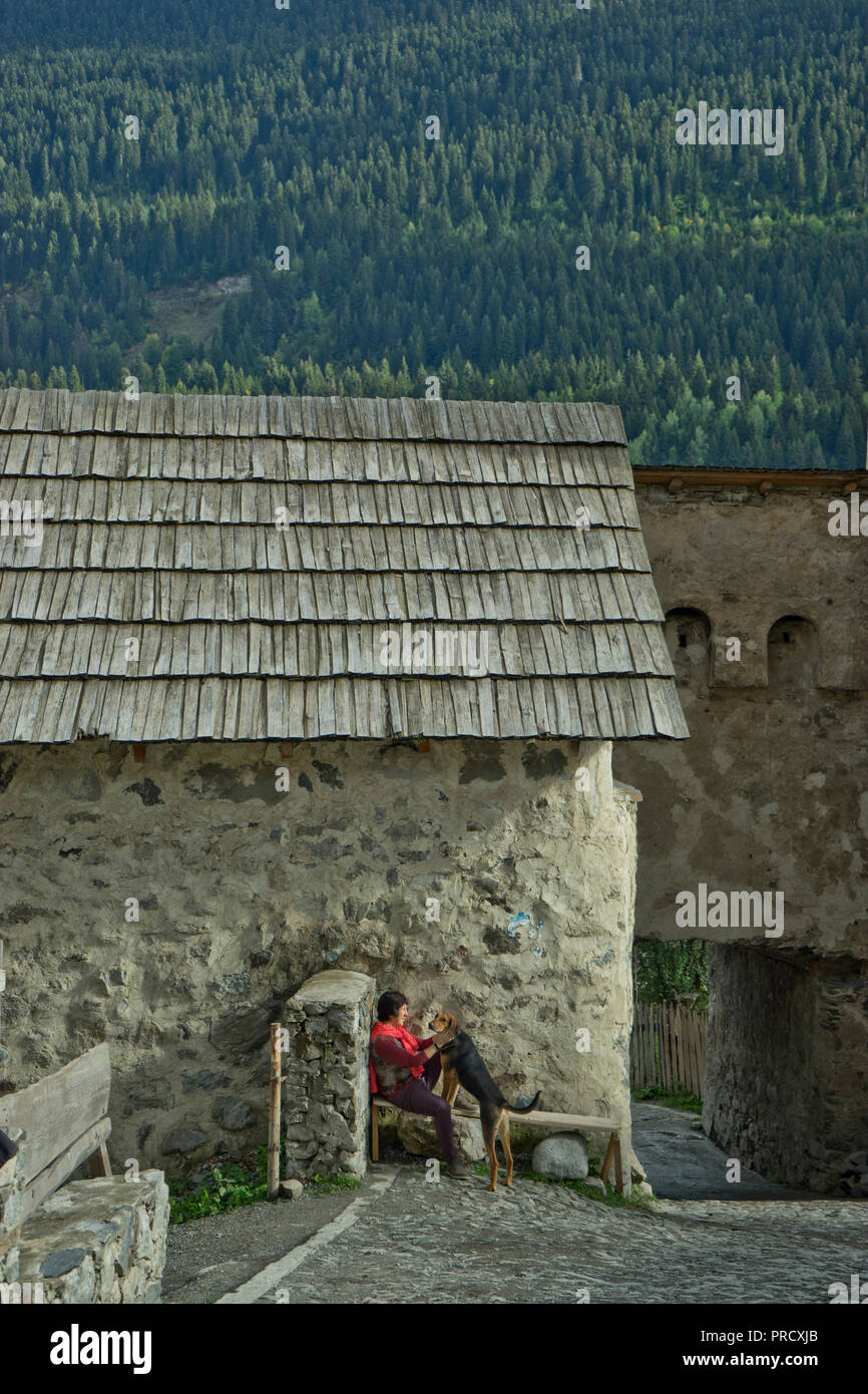 Traditional fortified tower homes in the town of Mestia in the Svaneti ...