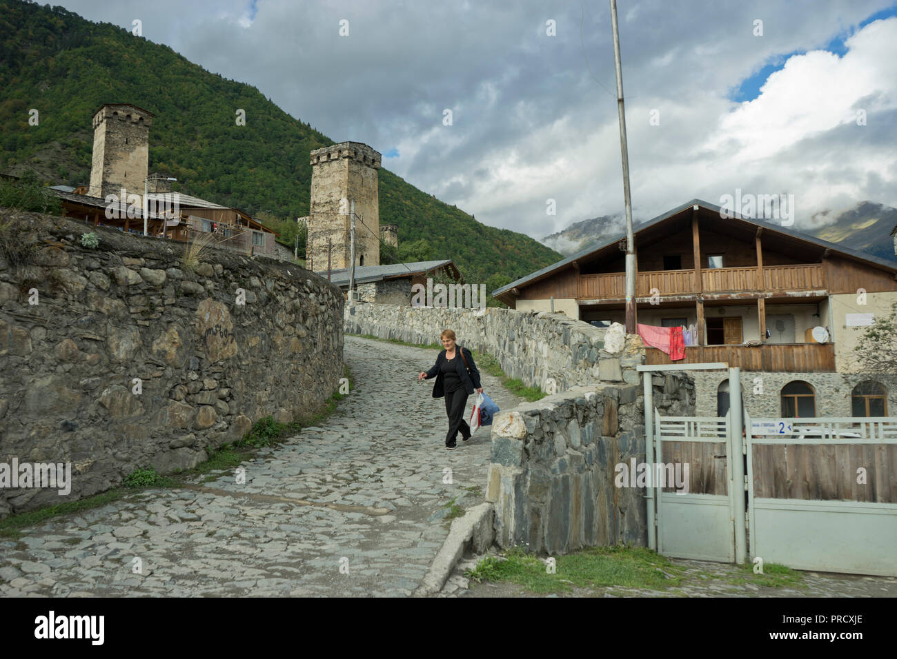 Traditional fortified tower homes in the town of Mestia in the Svaneti ...