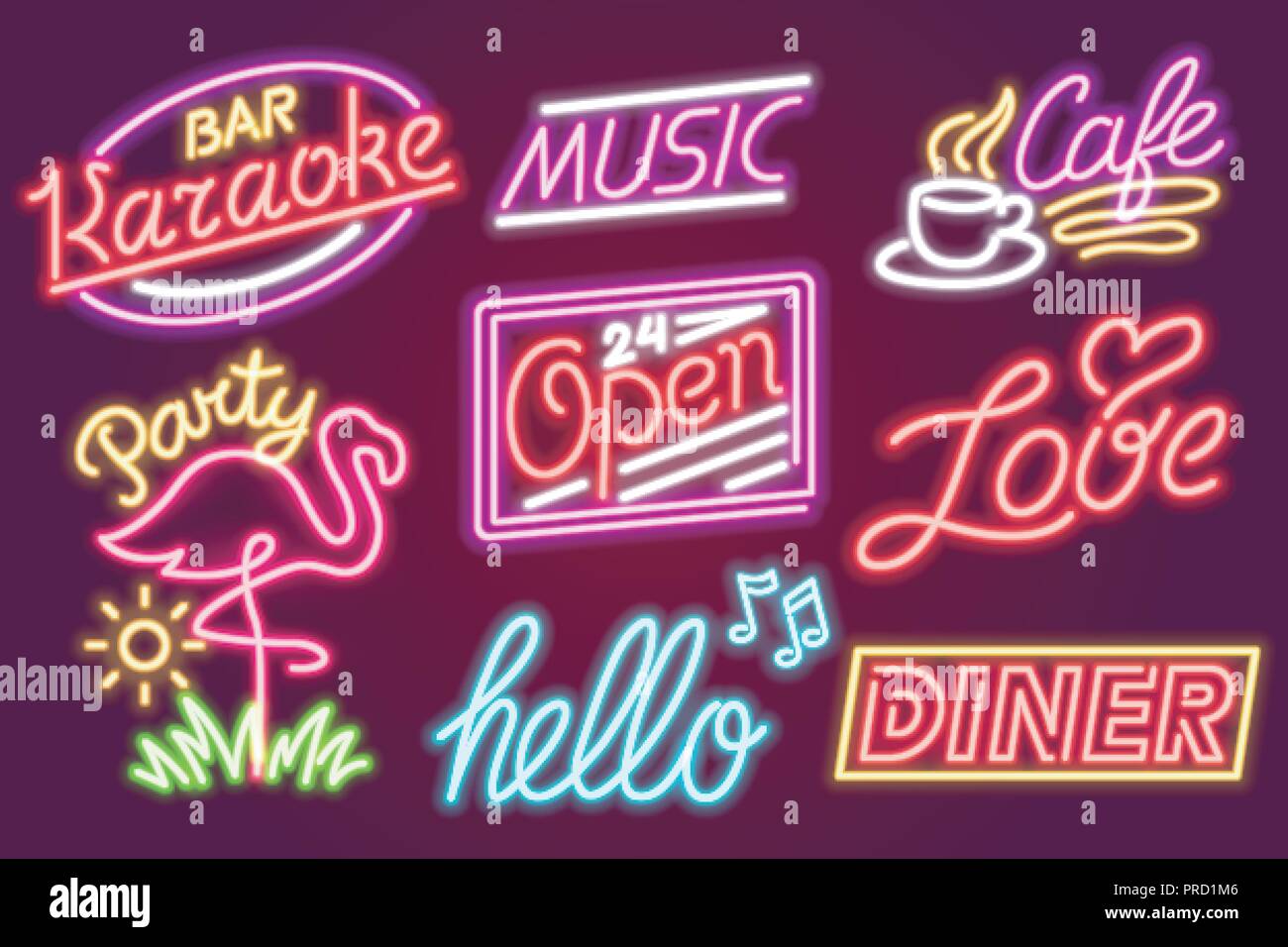 Set of fashion neon sign. Night bright signboard, Glowing light banner ...