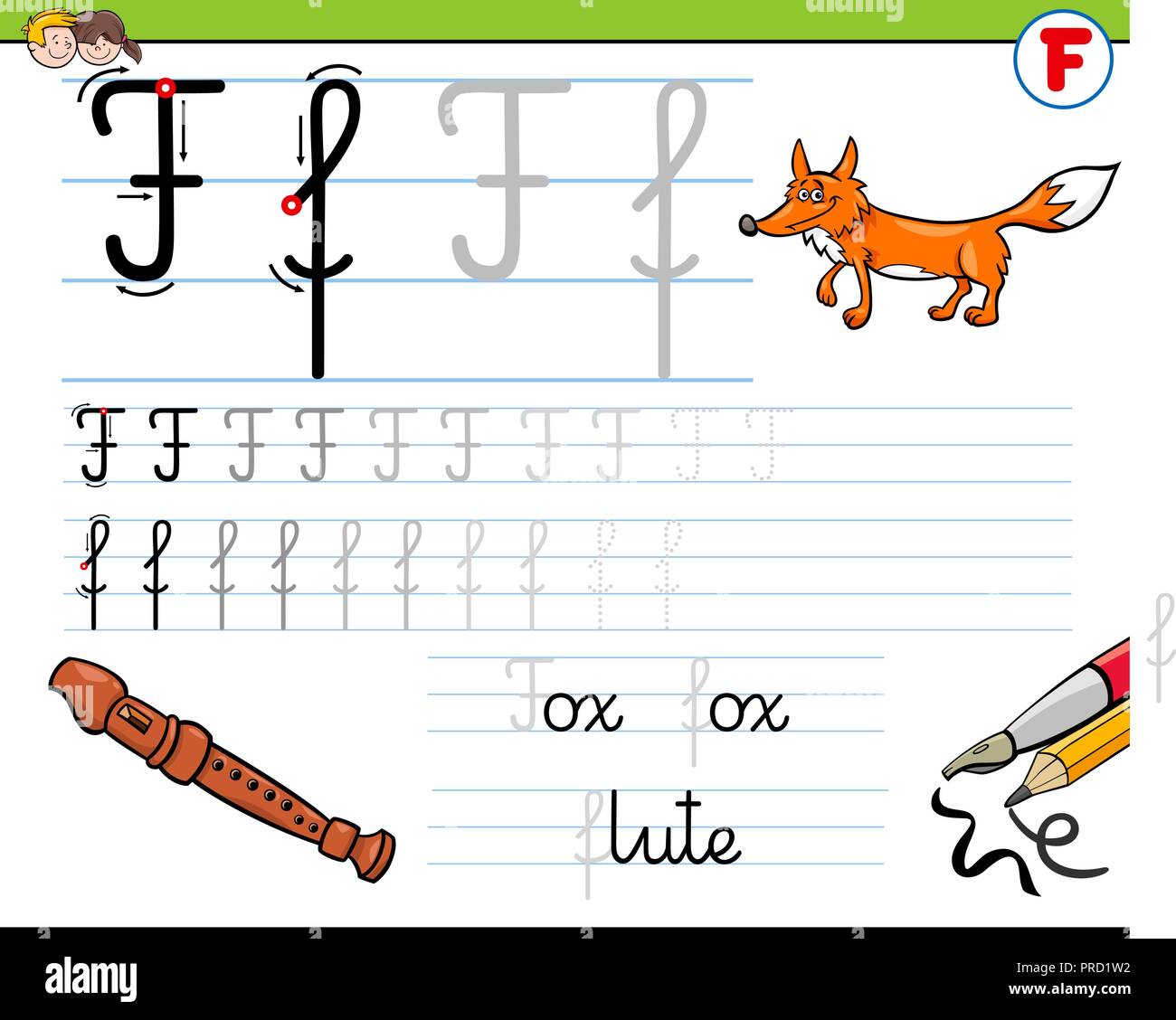 Cartoon Illustration of Writing Skills Practice with Letter F for ...