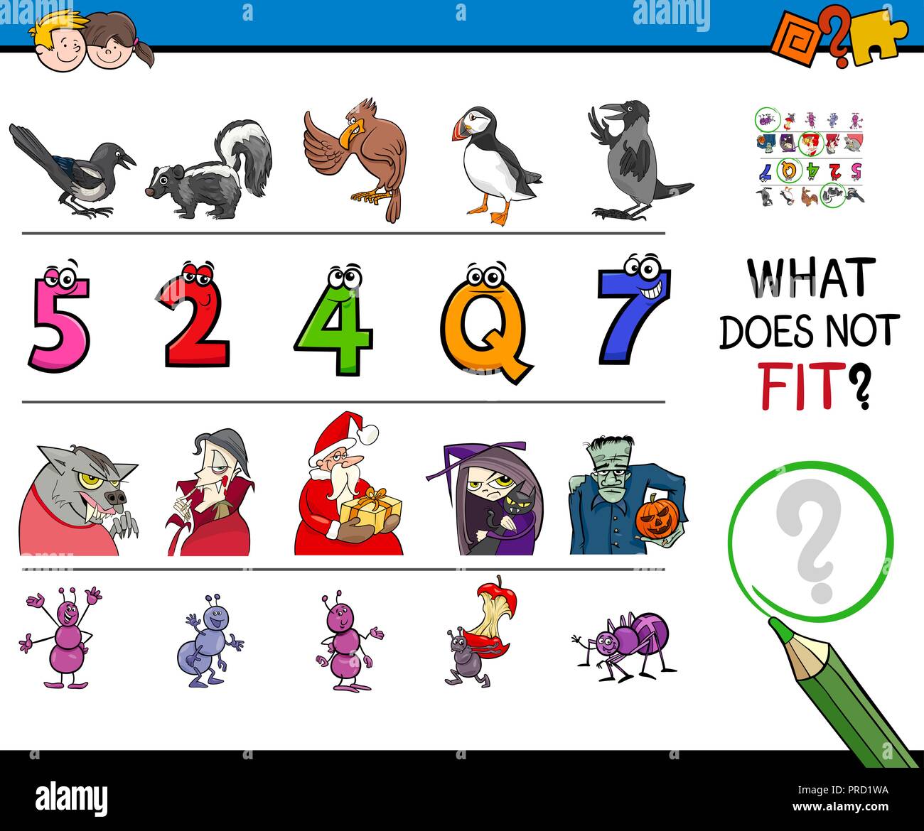 Cartoon Illustration of Finding Picture that does not Fit in a Row ...