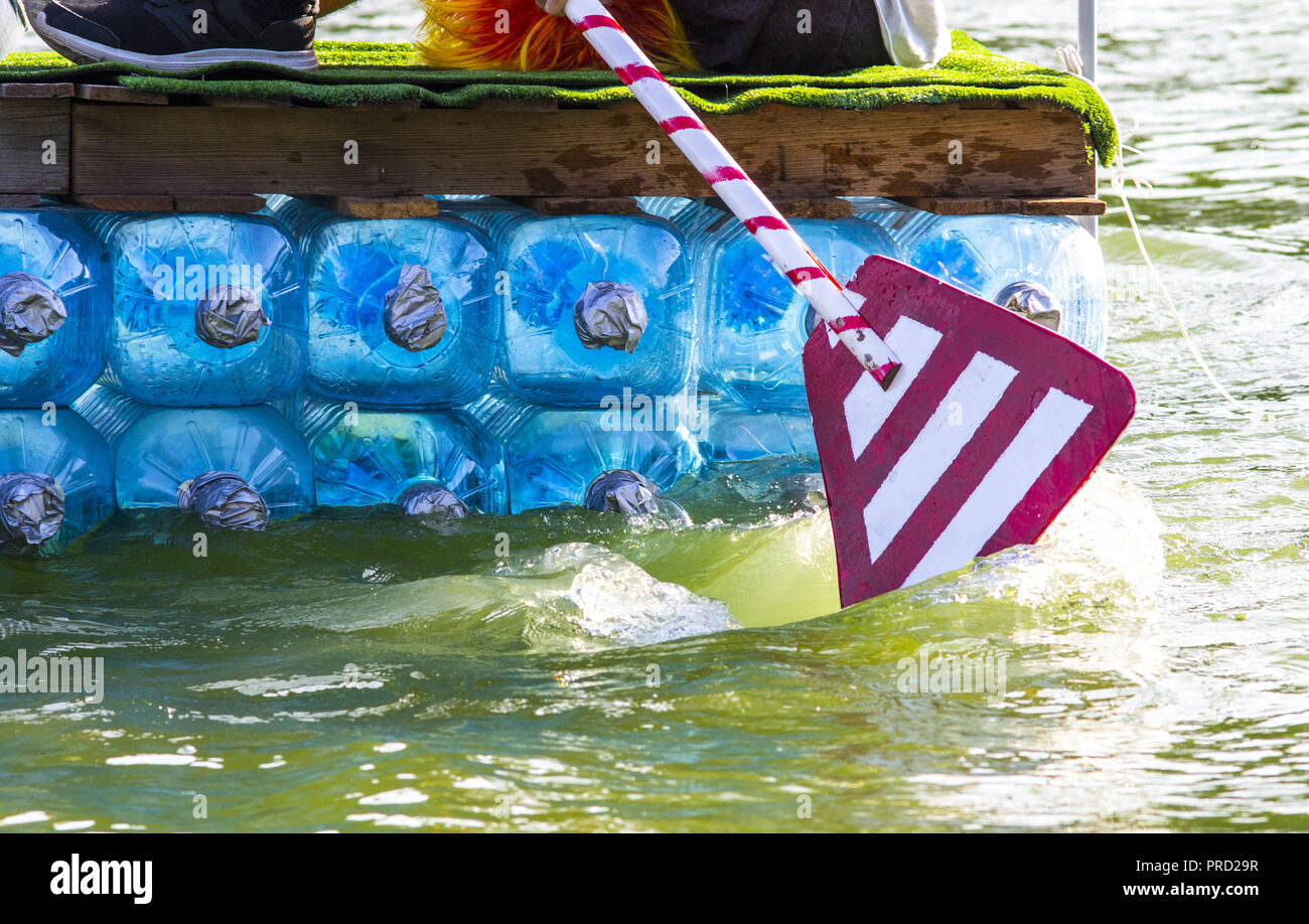 recycling contest rafts made up with recycled plastic bottles Stock ...