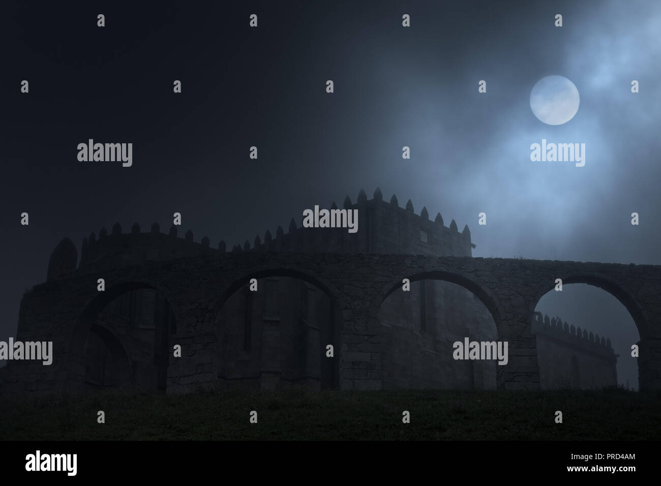 Full moon rises over a medieval abbey in an early misty night Stock ...