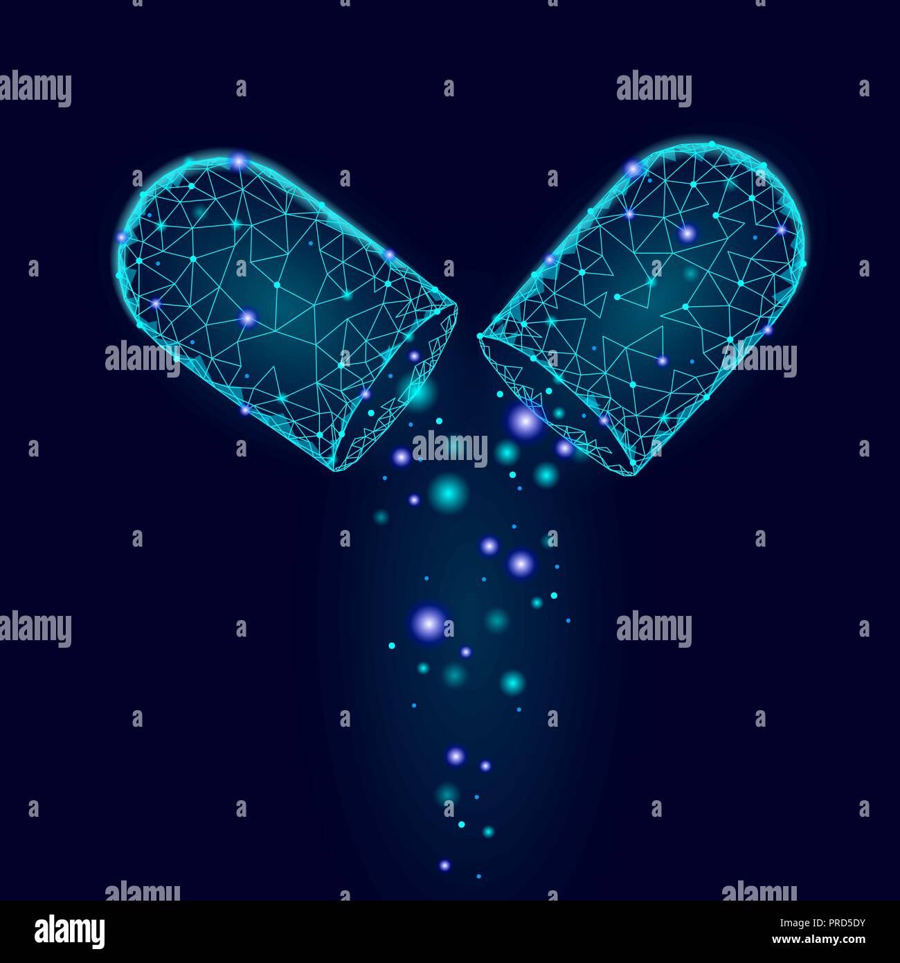 Opened drug capsule medicine business concept. Banner blue glowing ...