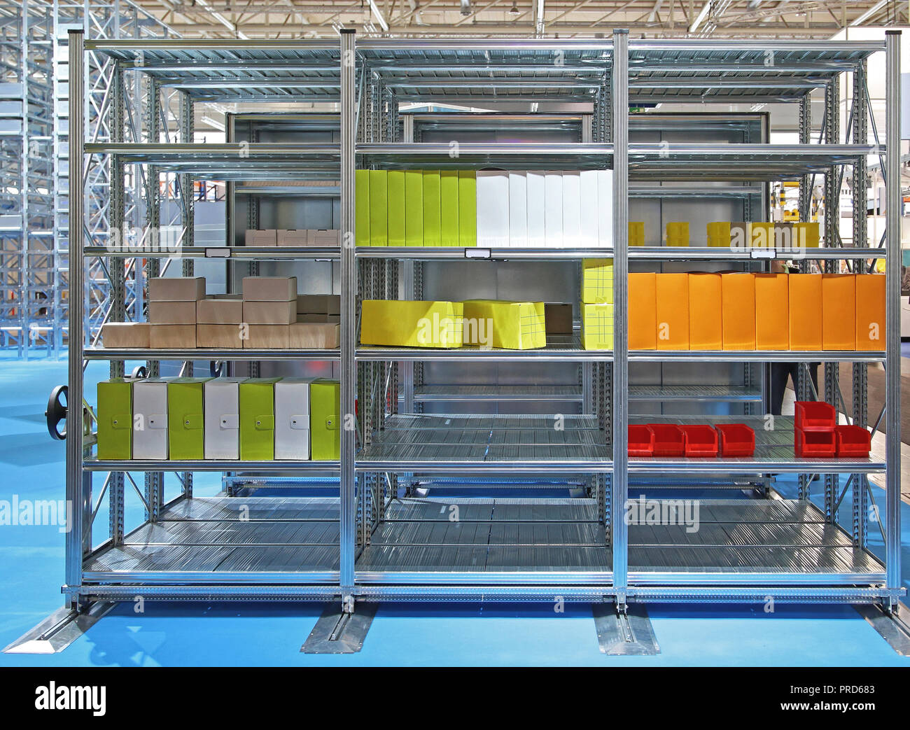 Movable Metal Shelving Units in Storage Room Archive Stock Photo - Alamy