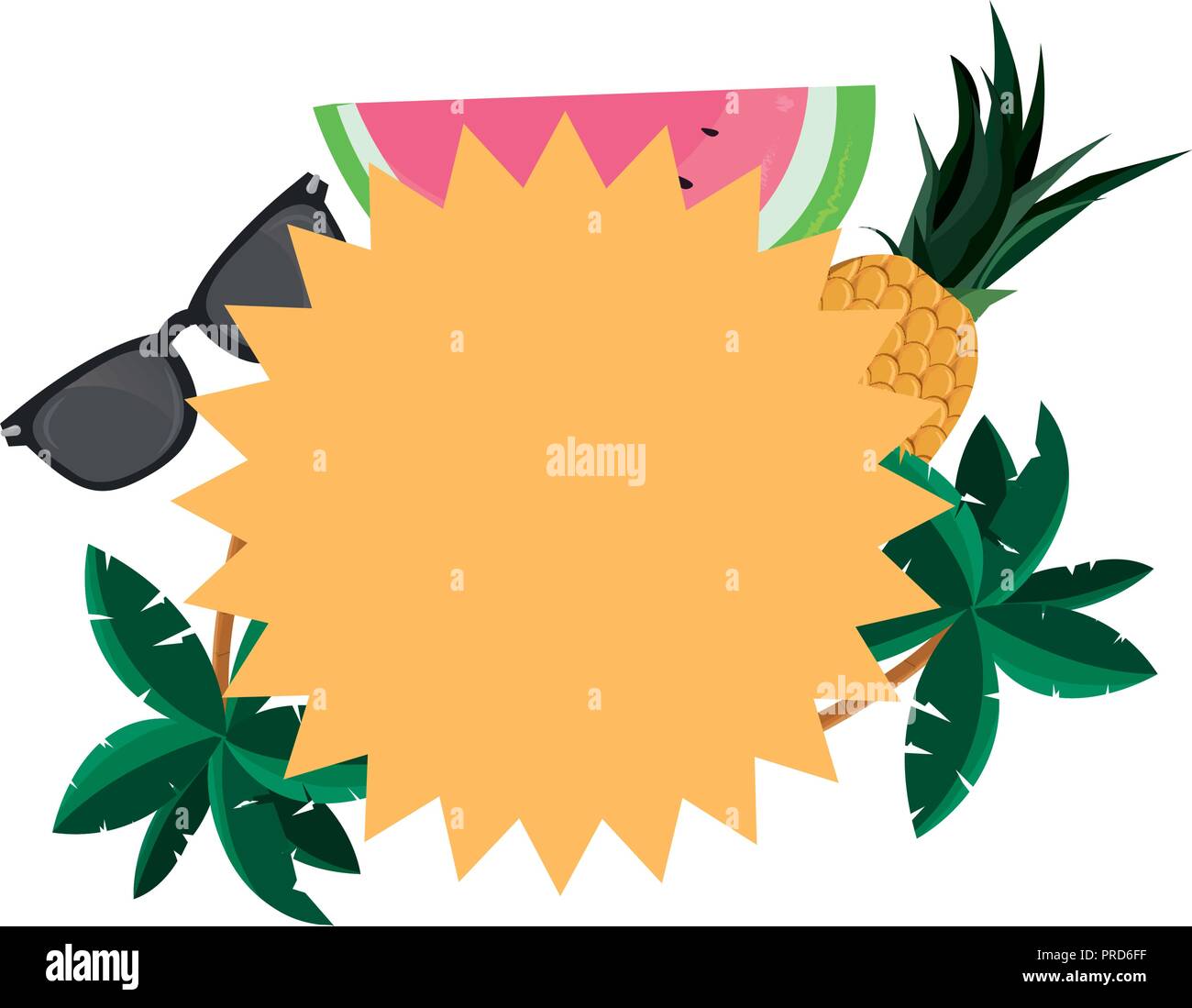 tropical pineapple watermelon sunglasses leaves label template vector ...