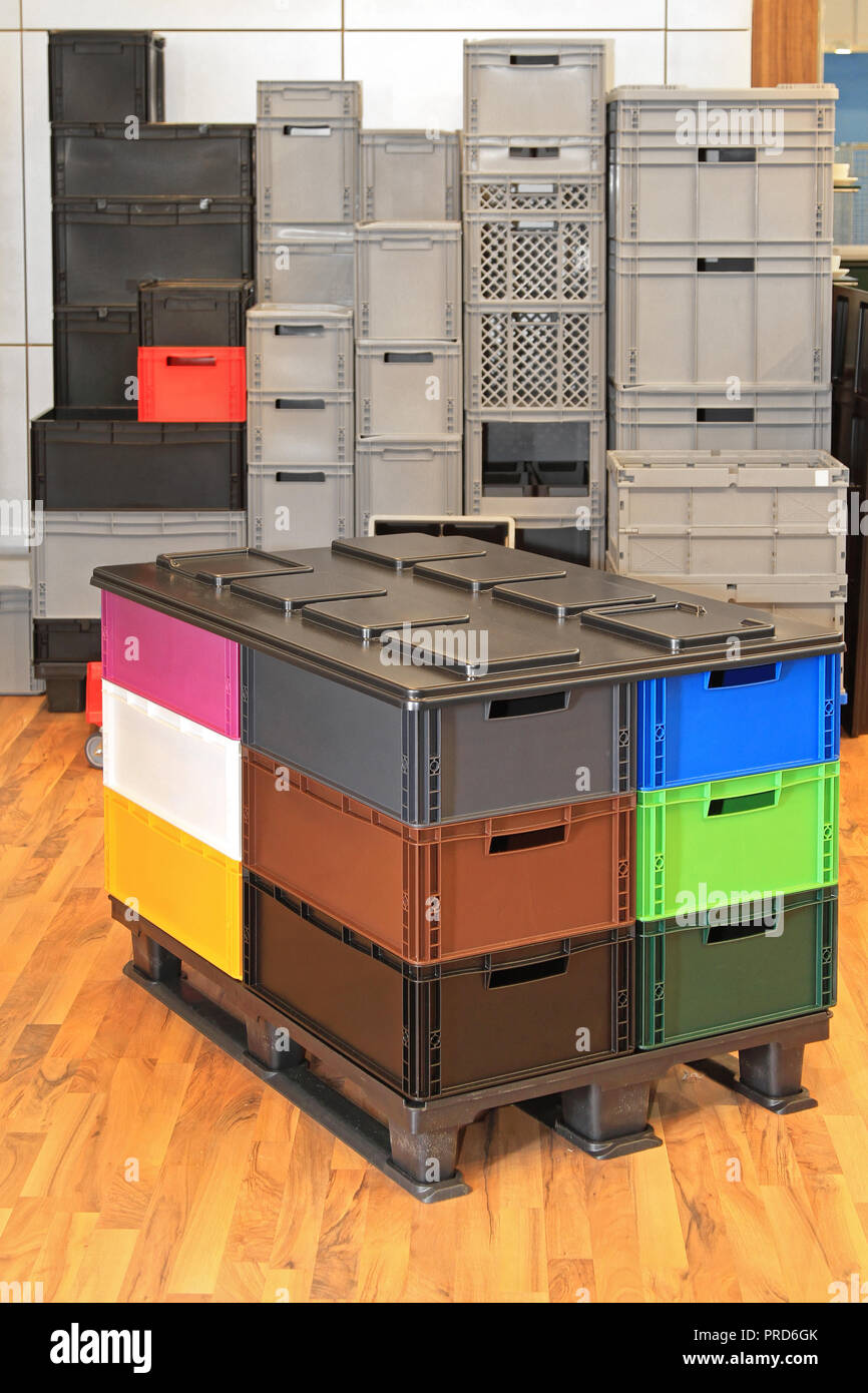 Plastic Boxes and Crates for Shipping at Transport Pallet Stock Photo ...