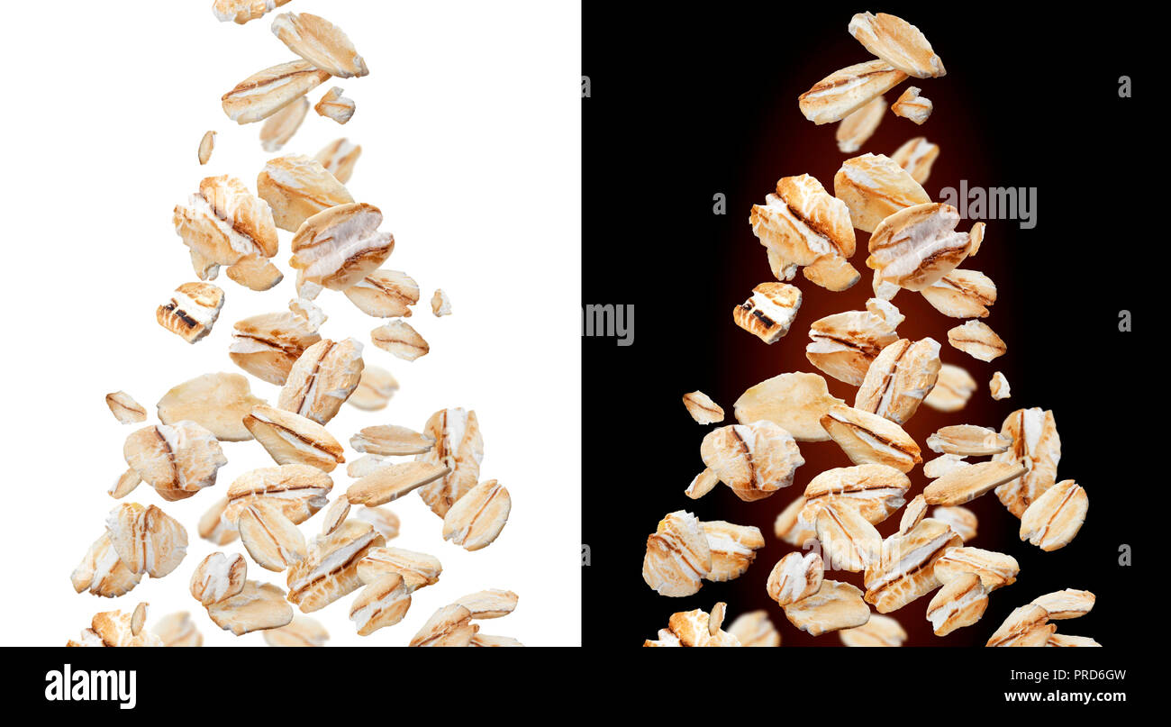 Falling oat flakes isolated on white and black backgrounds. Falling ...