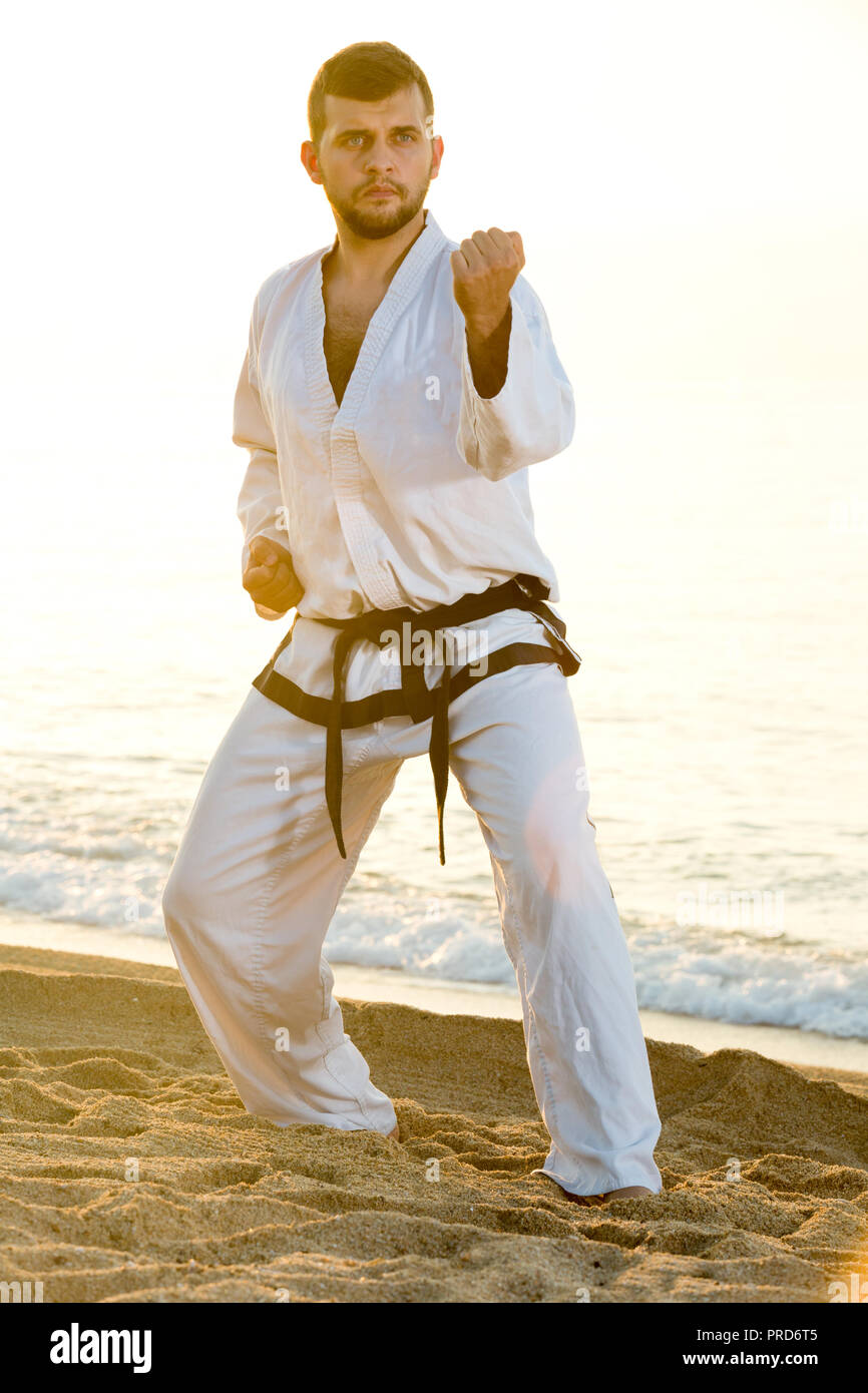 young man practicing karate positions at ocean quay Stock Photo - Alamy