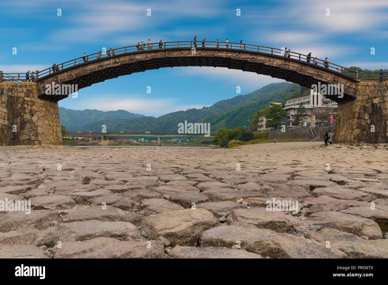 The Kintai Bridge, the historical wooden arch bridge, in the city of ...