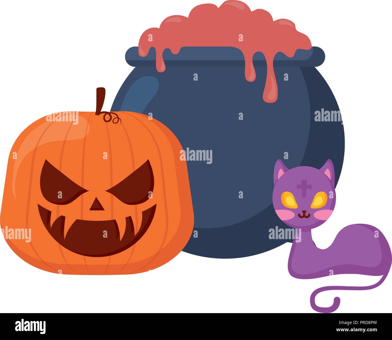 halloween pumpkin with cauldron and cat vector illustration design ...