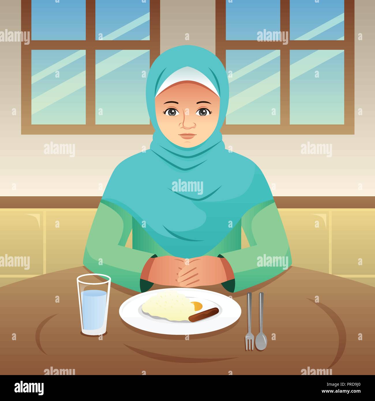 A vector illustration of Muslim Woman Eating Breakfast at Home Stock ...