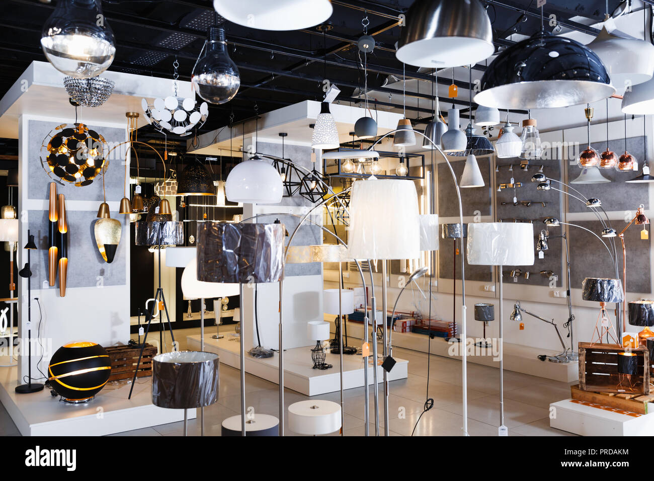 different new lamp with lights in the designer furniture store Stock ...