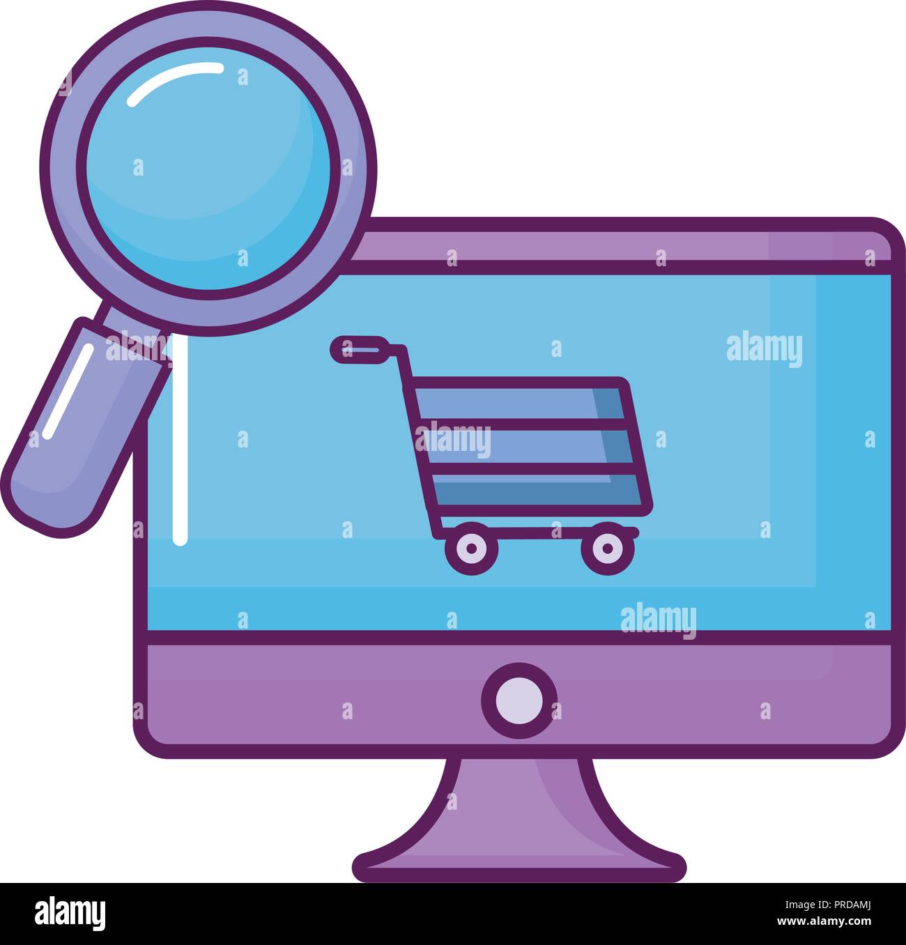 computer with cart shopping and magnifying vector illustration design ...