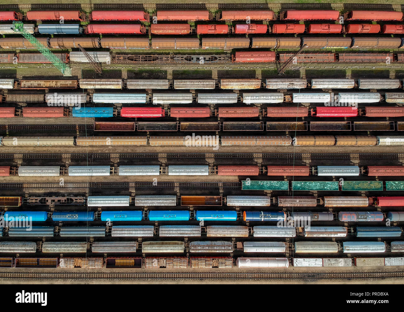 Aerial view of colorful trains Stock Photo - Alamy