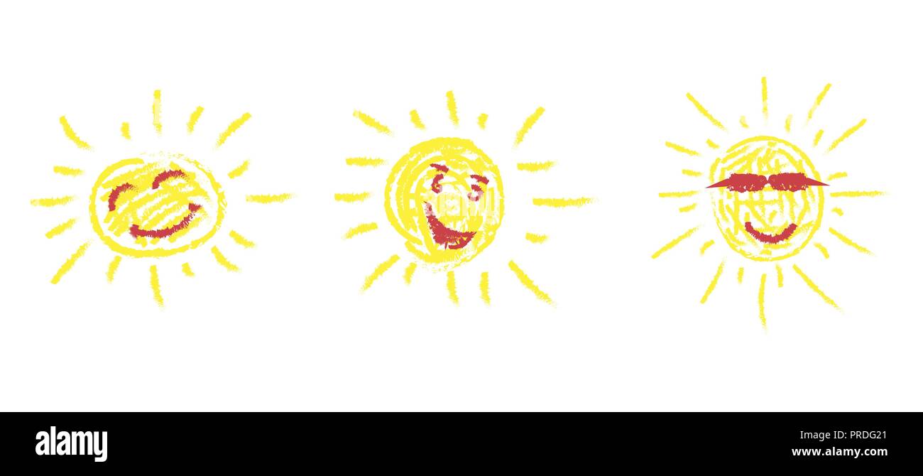 A set of three hand-drawn pictures of the bright sun with funny faces ...