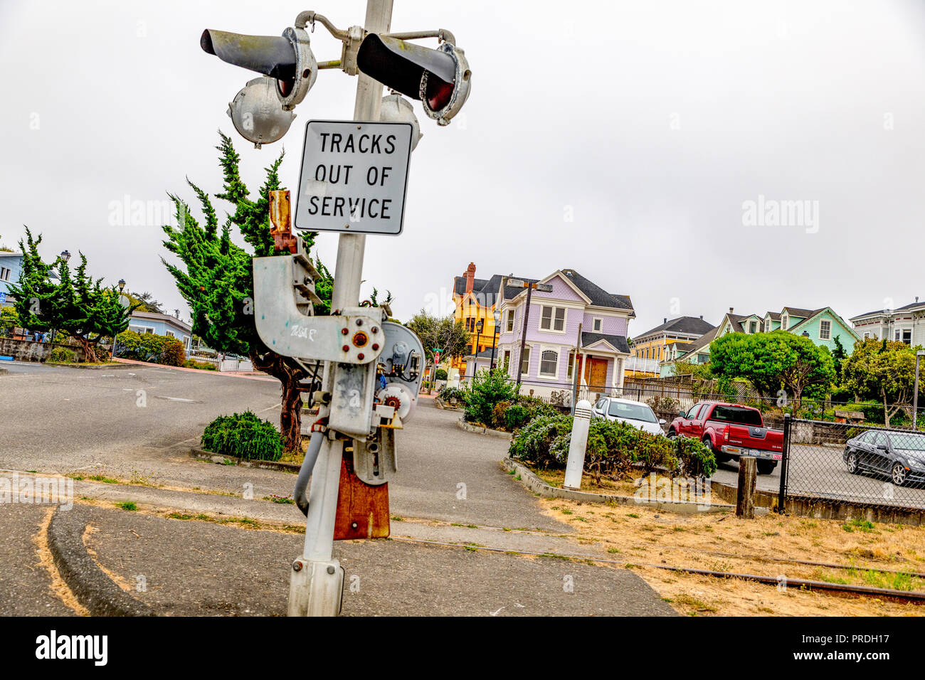 Out of service railroad tracks and crossing in Eureka on the California ...