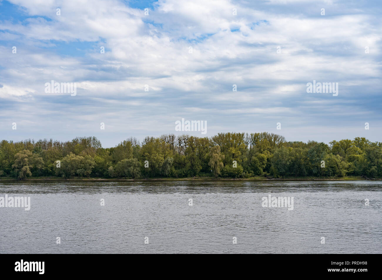 Simple, idyllic view of river, forest and blue sky with clouds Stock ...