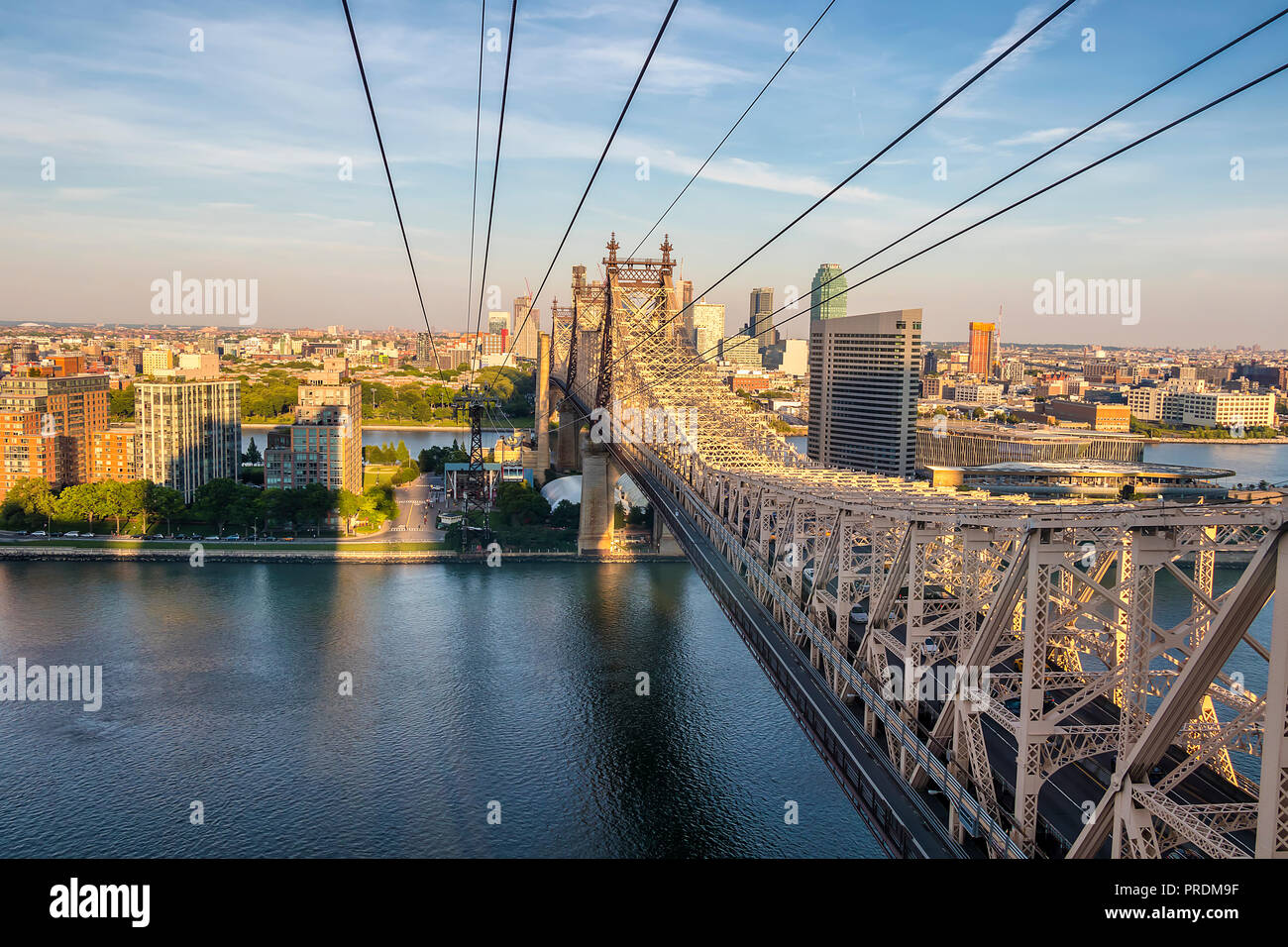 Aerial view of Ed Koch Queensboro Bridge looking to Roosevelt Island at ...