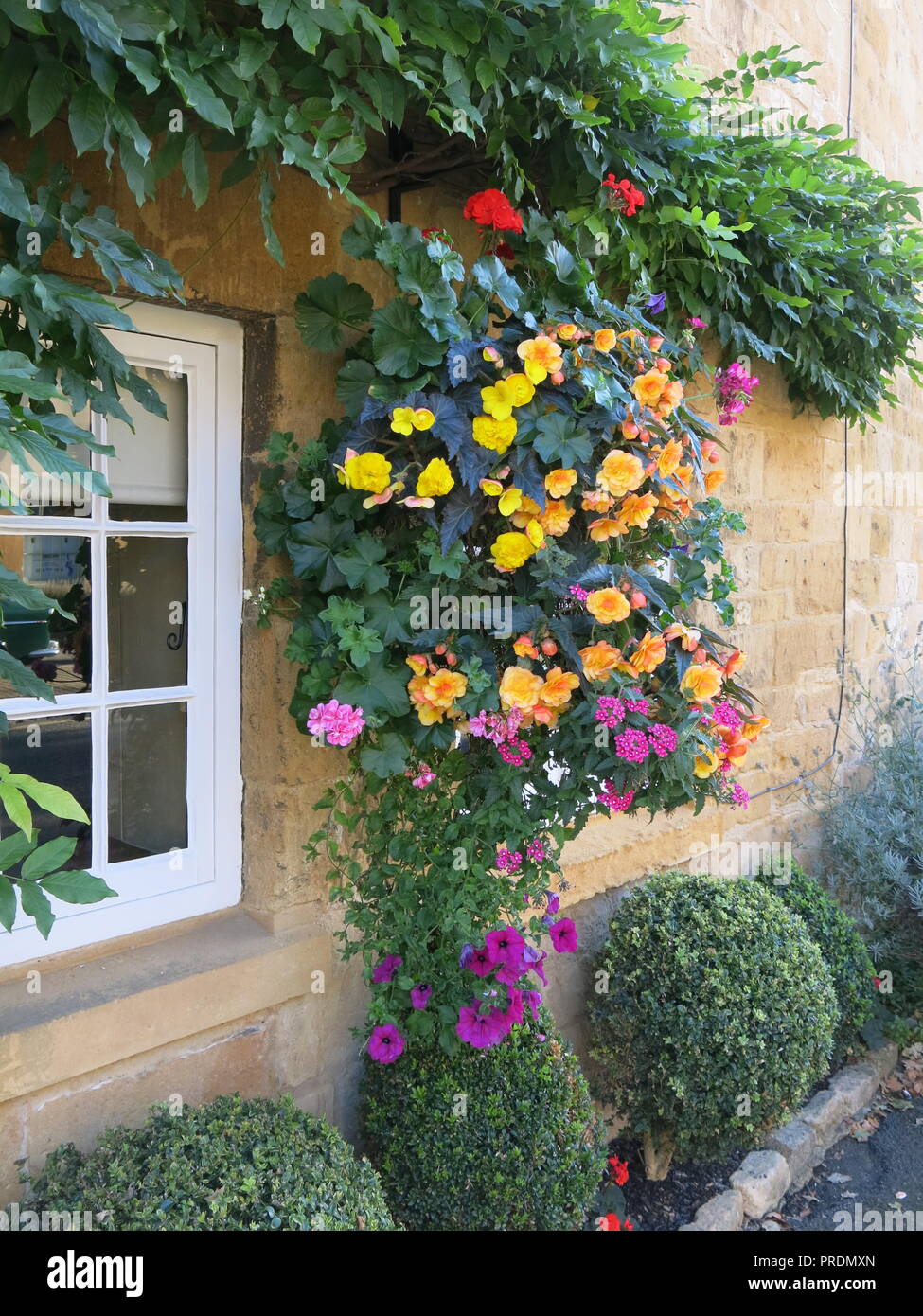 A brightly coloured hanging basket by the window of a Cotswold country ...