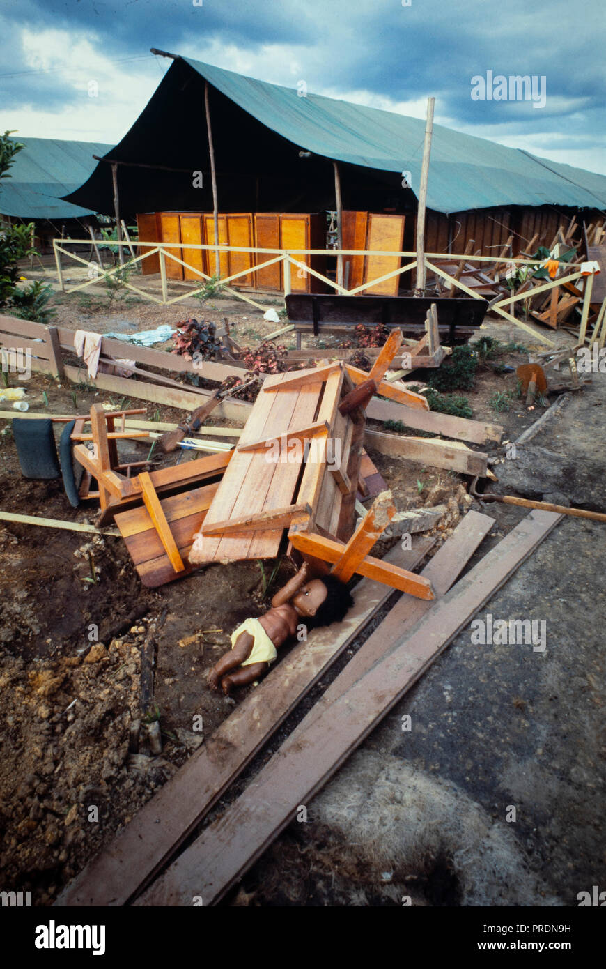 An African American doll lays among the rubble of the Peoples Temple in Jonestown Guyana after a ...