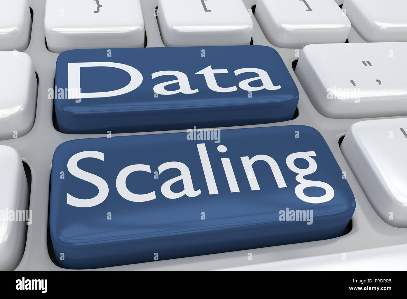 3d Illustration Of Computer Keyboard With The Script Data Scaling On Two Adjacent Blue Buttons