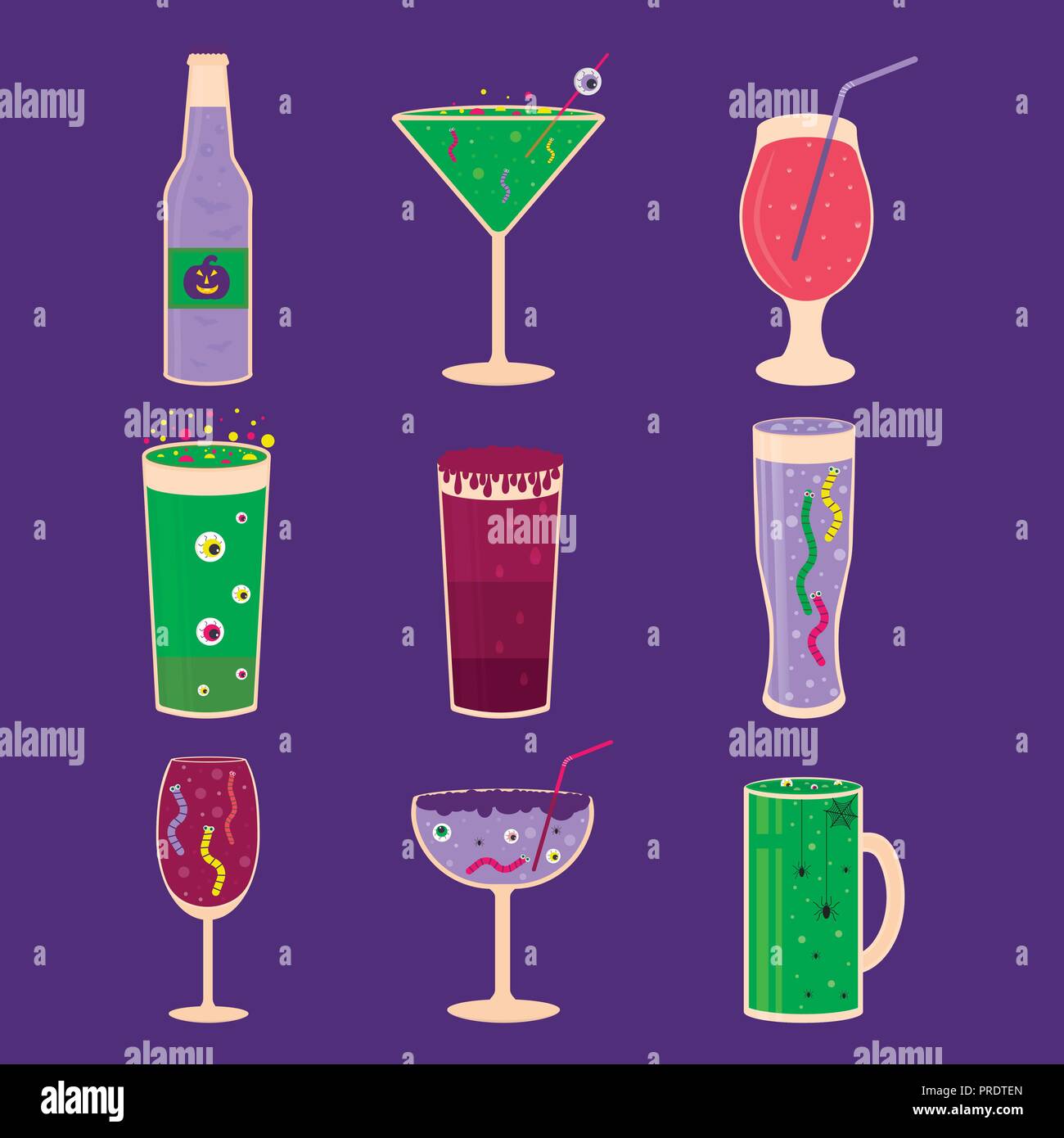 Set of Halloween cocktail icons, spooky drinks with eyeballs, spider ...